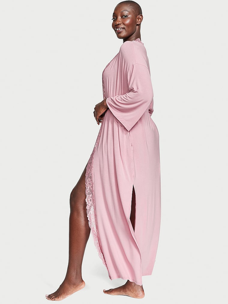 Buy Modal & Lace Trim High-Slit Maxi Robe, - Order undefined online ...