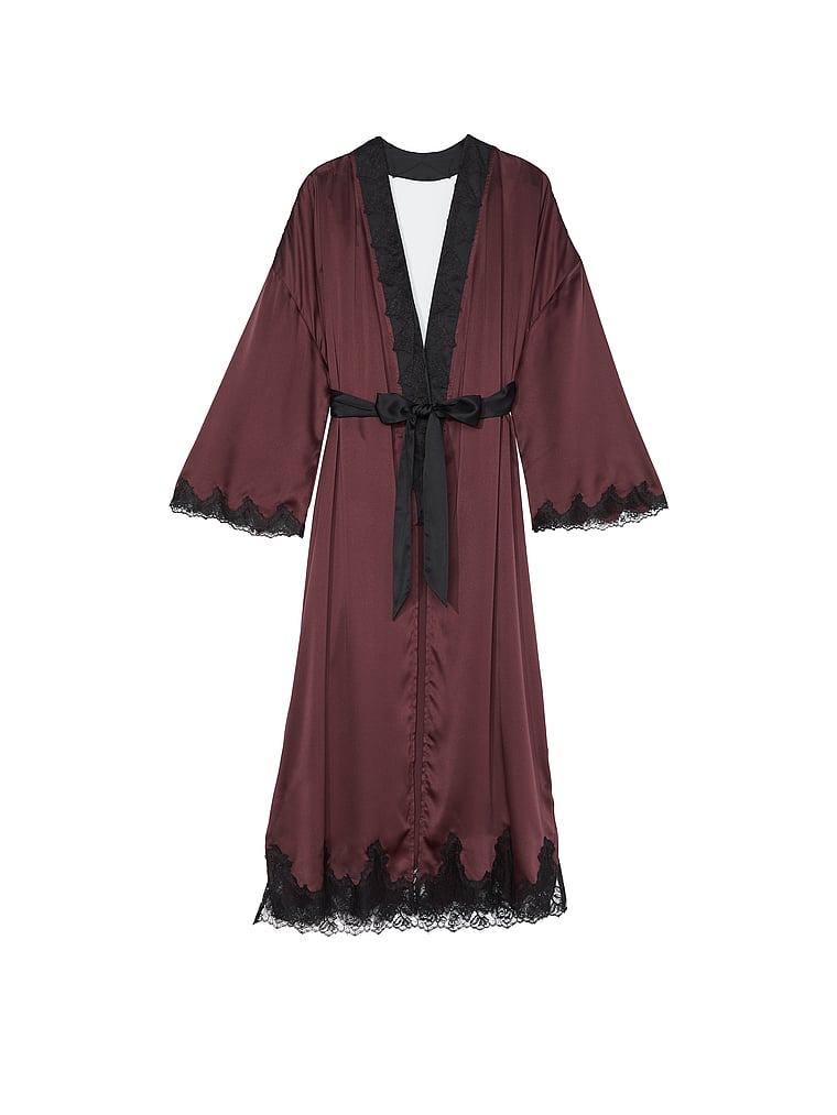 Buy Satin & Rose Lace Open-Back Long Robe, Burgundy Brown - Order Robes ...
