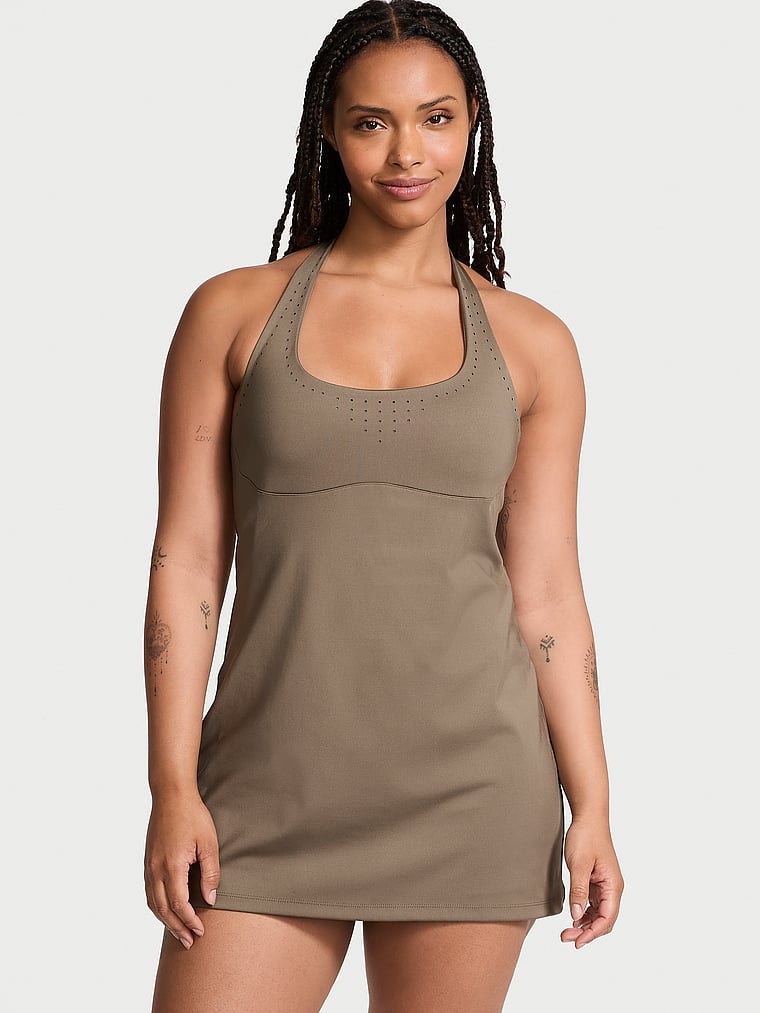 Buy VS Essential Perforated Halter Dress, Terra Olive - Order Dresses ...