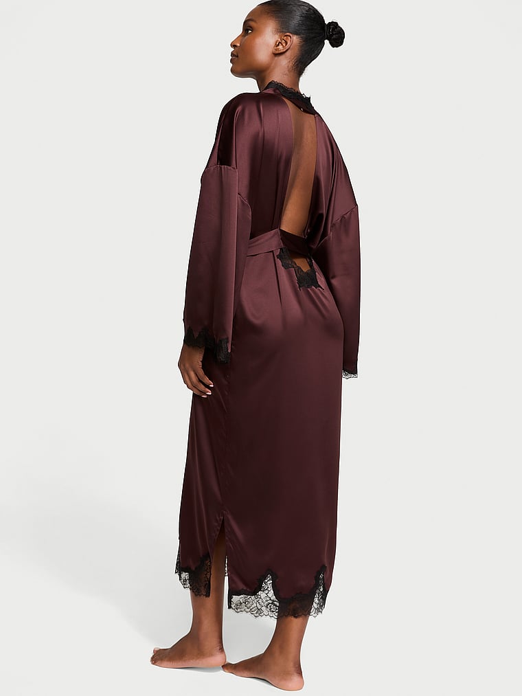 Buy Satin & Rose Lace Open-Back Long Robe, Burgundy Brown - Order Robes ...