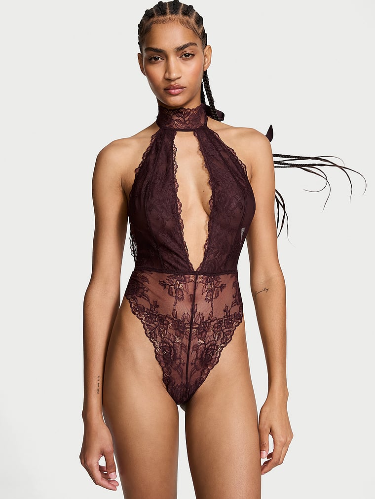 Buy Rose Lace Halter Plunge Crotchless Teddy, Burgundy Brown - Order Teddies online - Victoria's ...