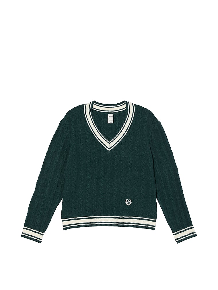 Buy Collegiate Cable-Knit V-Neck Sweater, Deep Forest - Order Sweaters ...