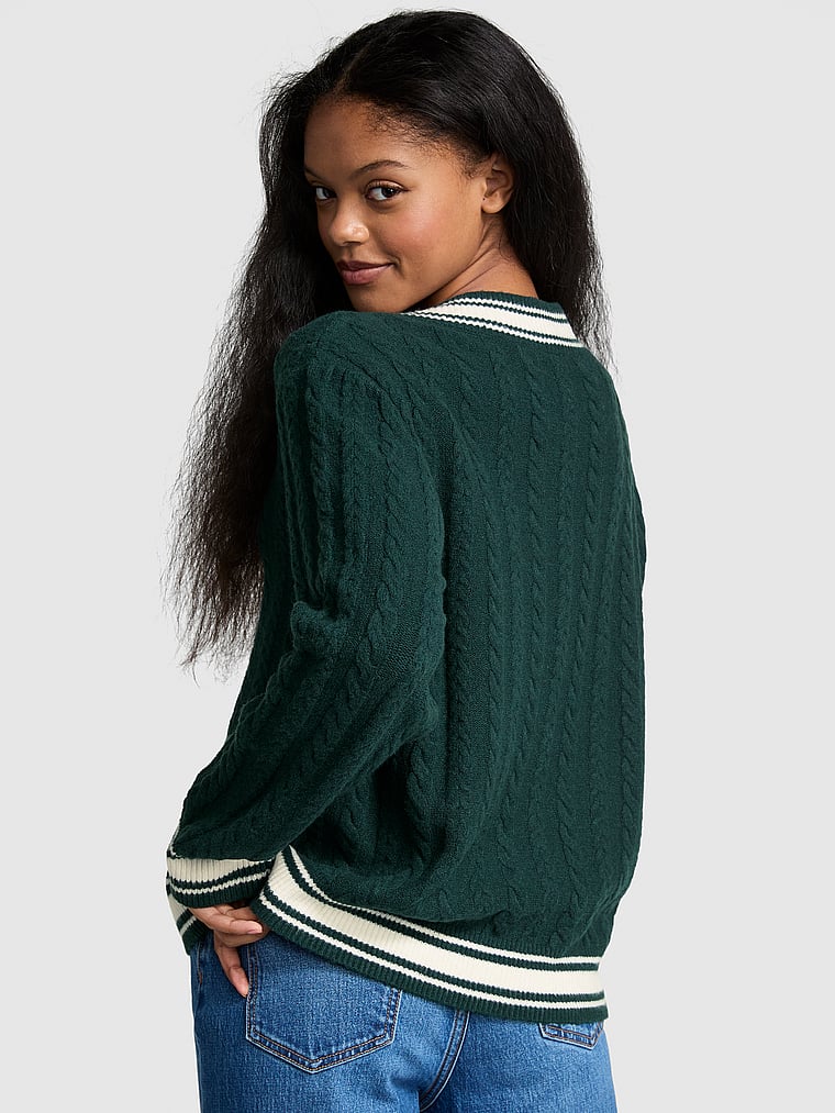 Buy Collegiate Cable-Knit V-Neck Sweater, Deep Forest - Order Sweaters ...