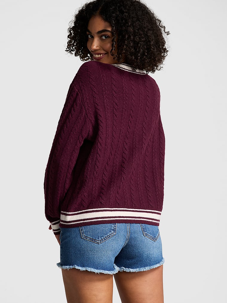 Buy Collegiate Cable-Knit V-Neck Sweater, Wild Rose - Order Sweaters ...