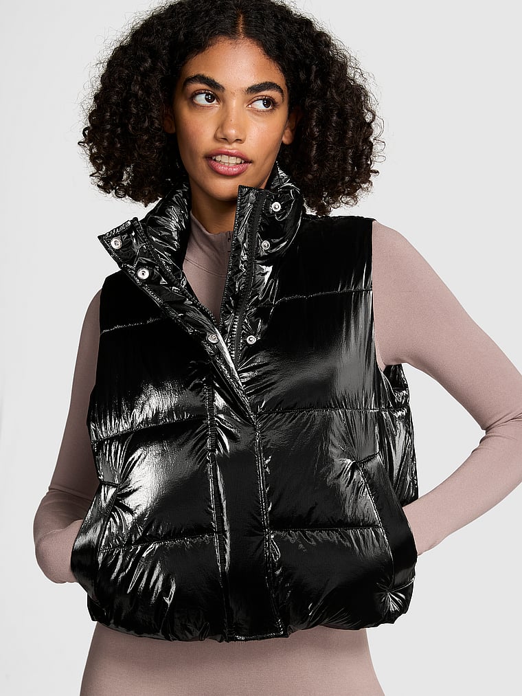 Buy High Shine Marshmallow Puffer Vest by PINK, Pure Black Bling ...