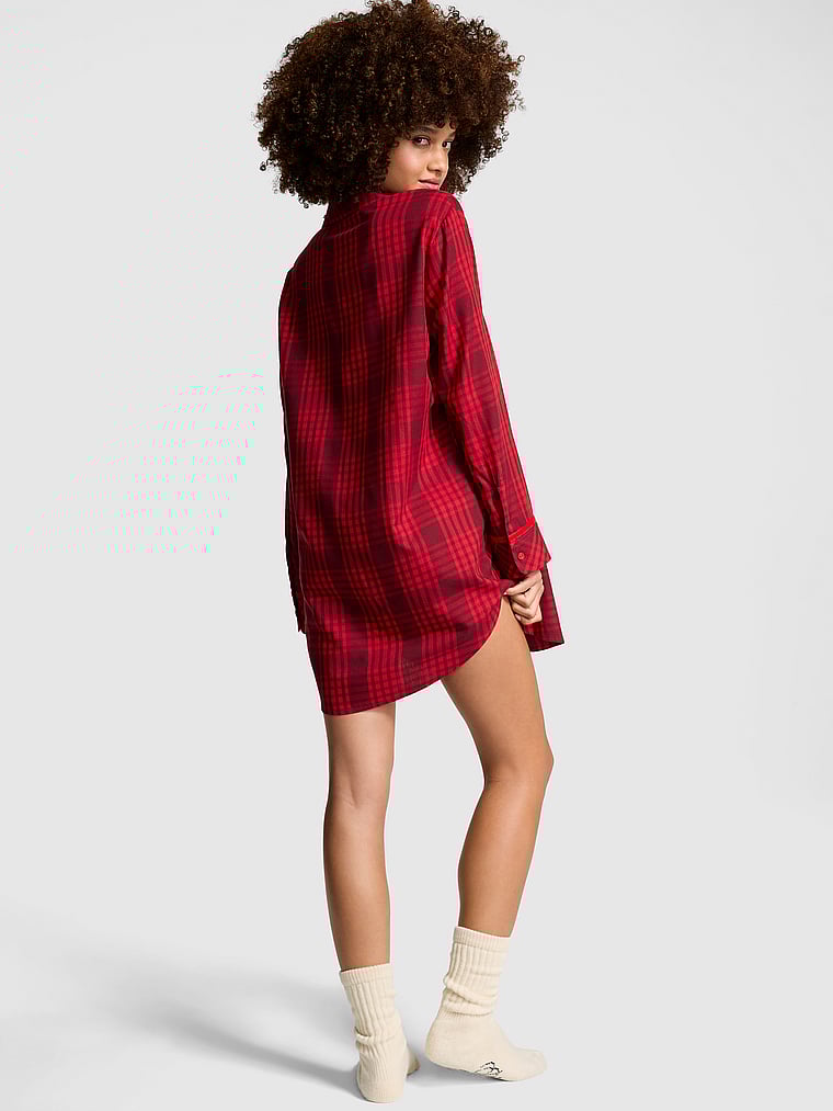 Buy Festive Flannel Velvet-Trim Sleepshirt, Bright Vermillion Plaid ...