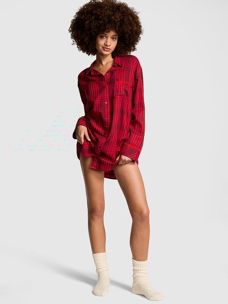 Buy Festive Flannel Velvet-Trim Sleepshirt, Bright Vermillion Plaid ...