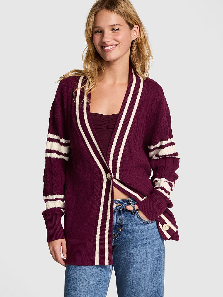Buy Collegiate Cable-Knit Oversized Cardigan, Wild Rose - Order ...