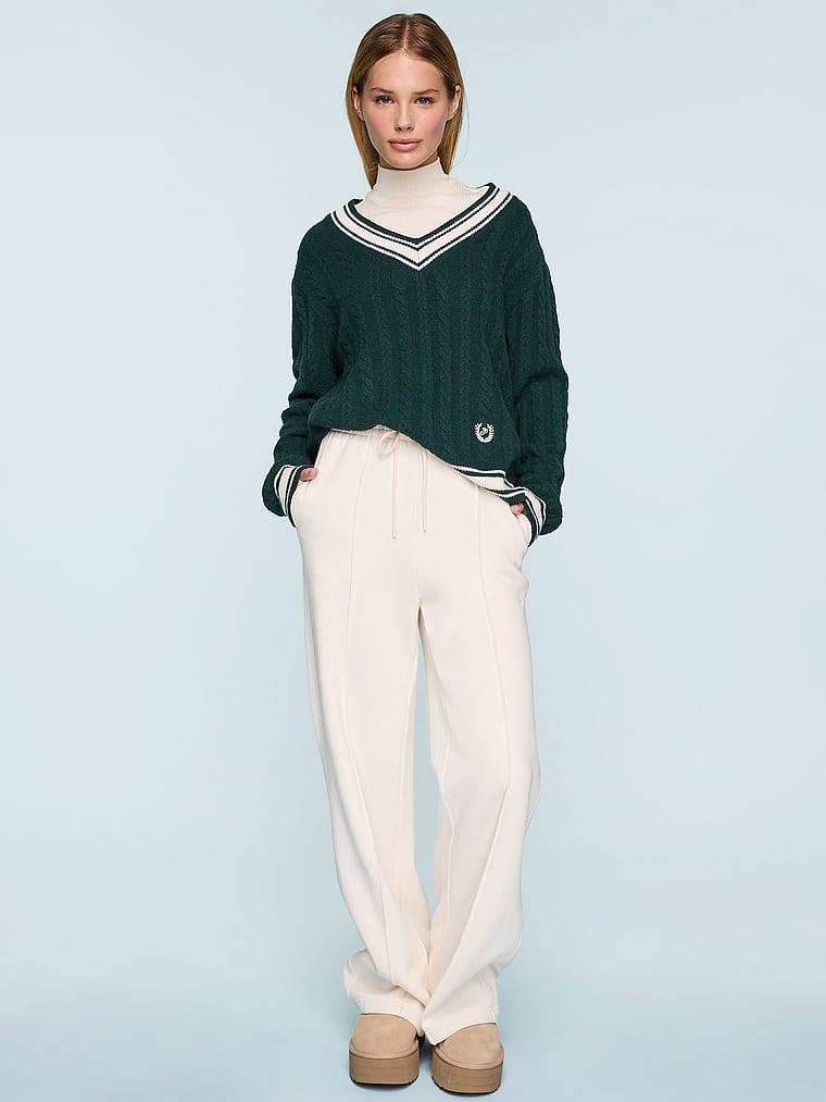 Buy Collegiate Cable-Knit V-Neck Sweater, Deep Forest - Order Sweaters ...