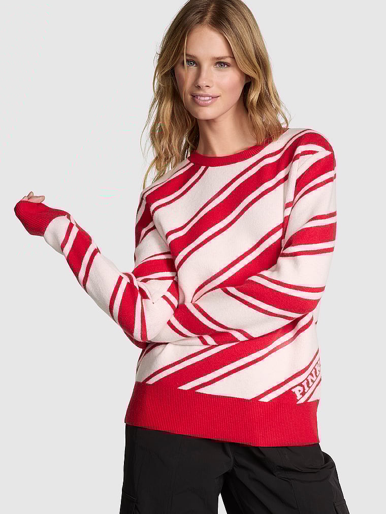 Buy Collegiate Knit Crewneck Sweater, White Shell Candy Cane - Order ...