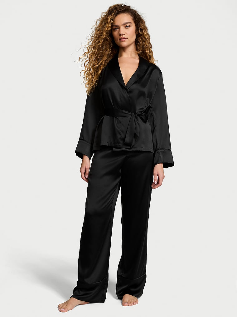 Buy Victoria's Secret Dream Satin Wrap Top Long Pajama Set, Black ...