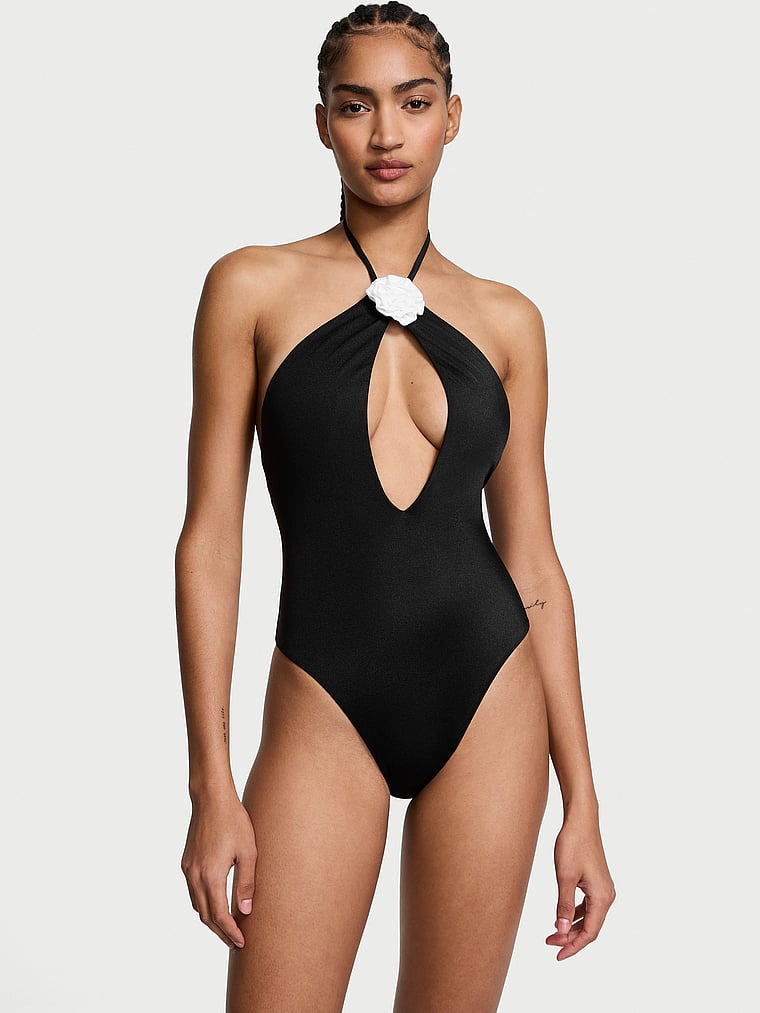 Buy Rosette Halter Cut-Out One-Piece Swimsuit, Black - Order One-Piece online - Victoria's Secret