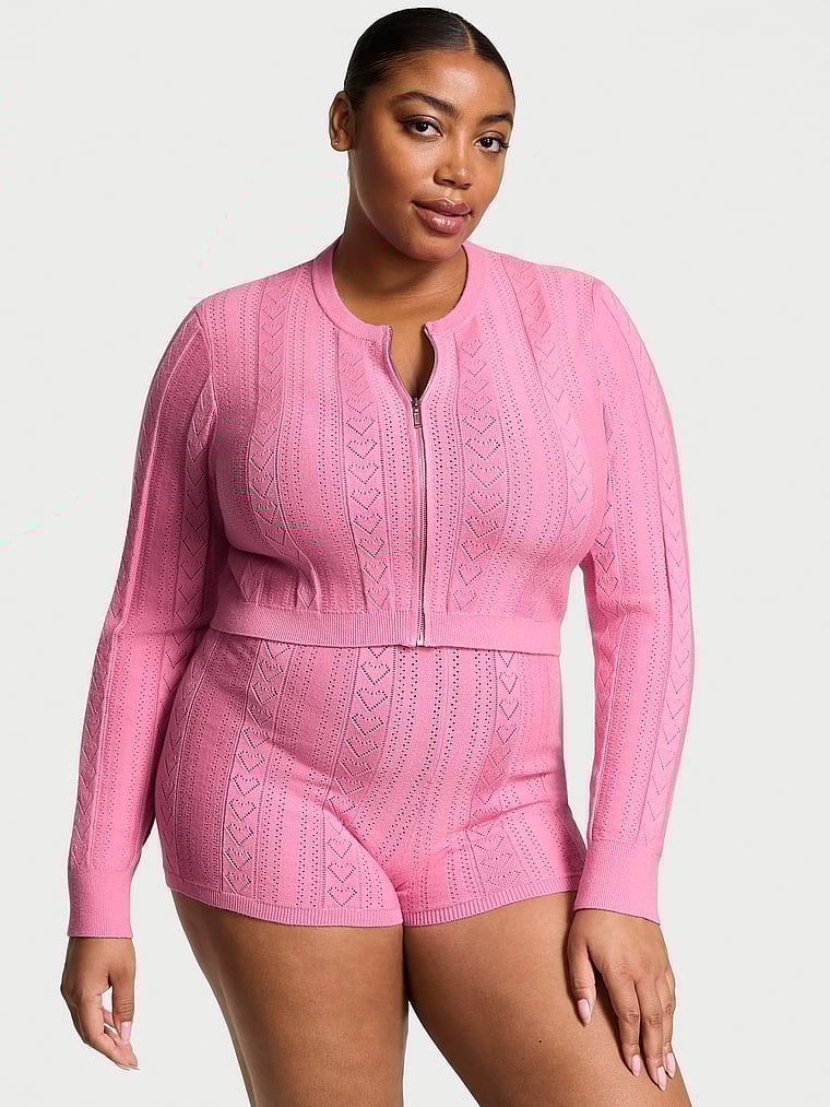 Buy Luxe Heart Pointelle Zip Cardigan, Pretty Pink - Order Sweaters ...