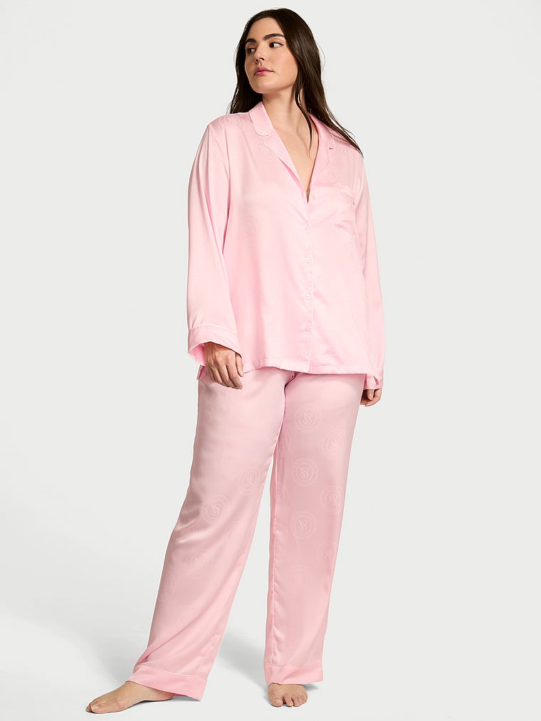 Buy Glazed Satin Long Pajama Set, Angel Pink Crest Jacquard - Order ...