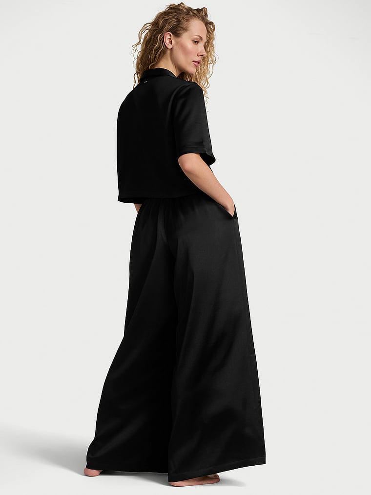 Buy Luxe Satin Boxy Cropped Long Pajama Set, Black - Order Pajamas Sets ...