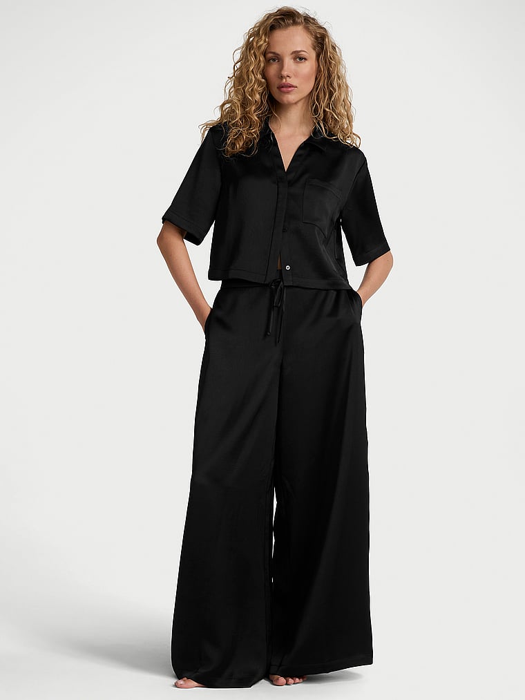 Buy Luxe Satin Boxy Cropped Long Pajama Set, Black - Order Pajamas Sets ...