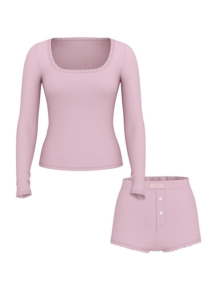 Buy Pointelle Modal Long-Sleeve Scoop Top & Shortie Set, Violet Pearl ...