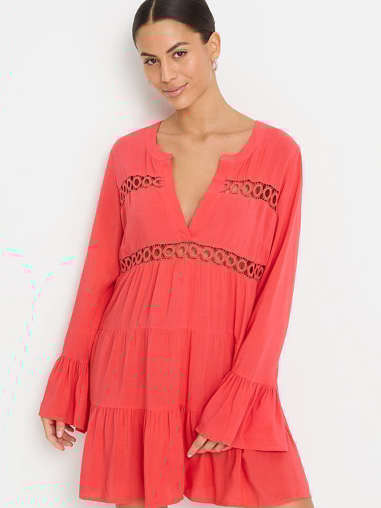 Buy Short V-neck Ruffle Dress, Bright Coral - Order Dresses online ...