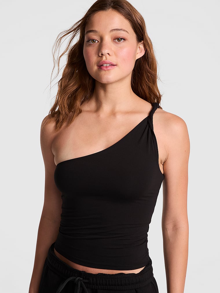 Buy Base Stretch Twisted One-Shoulder Tank Top, Pure Black - Order Tops ...