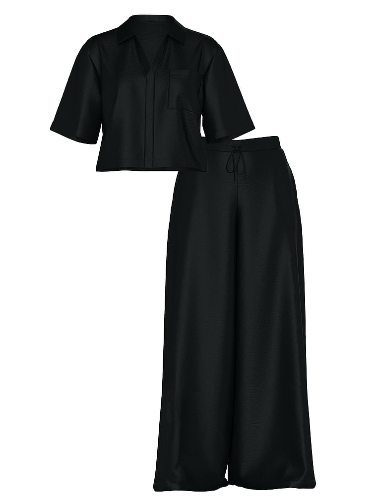 Buy Luxe Satin Boxy Cropped Long Pajama Set, Black - Order Pajamas Sets ...