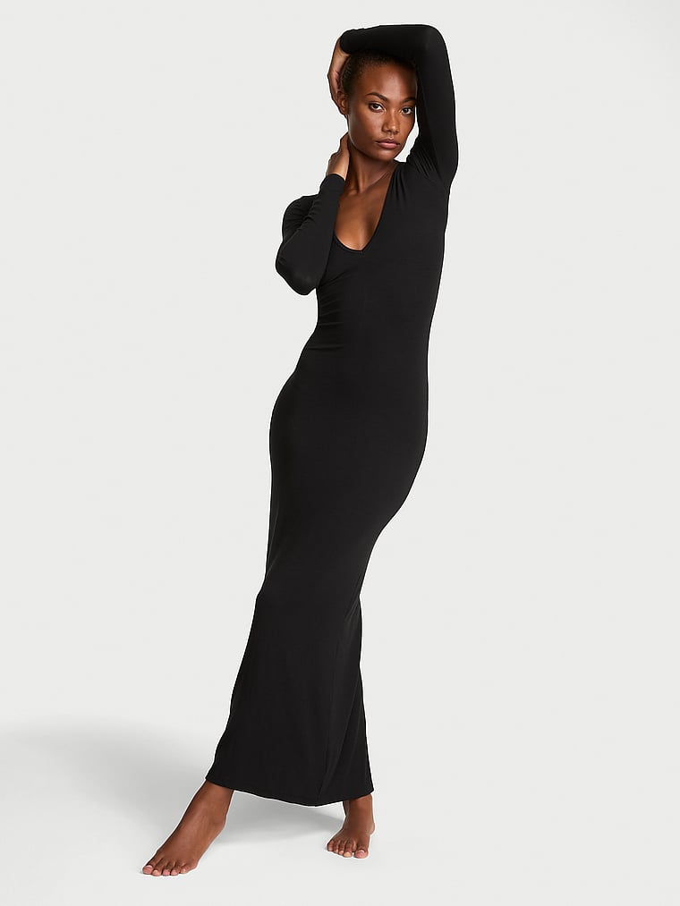 Buy SoSoft™ Modal Ribbed Deep-V Long-Sleeve Maxi Dress, Black - Order ...
