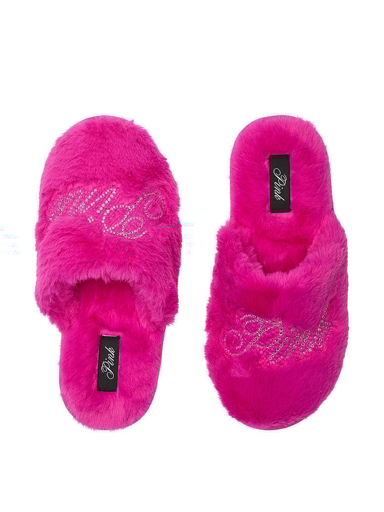 Buy Faux-Fur Closed-Toe Slippers, Pink Fire Bling Logo - Order Slippers ...