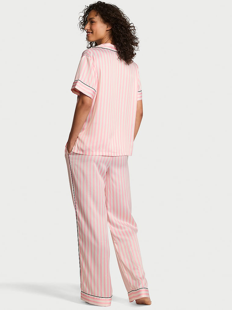 Buy Glazed Satin Short-Sleeve Long Pajama Set, Pink Iconic Stripe ...