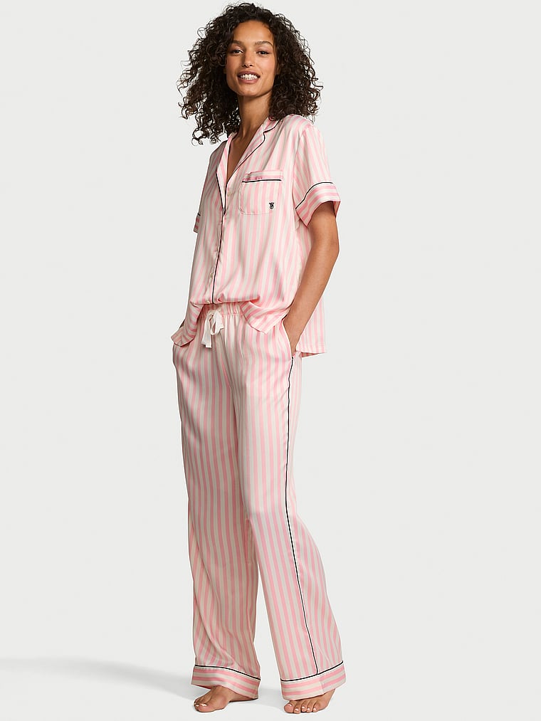 Buy Glazed Satin Short-Sleeve Long Pajama Set, Pink Iconic Stripe ...