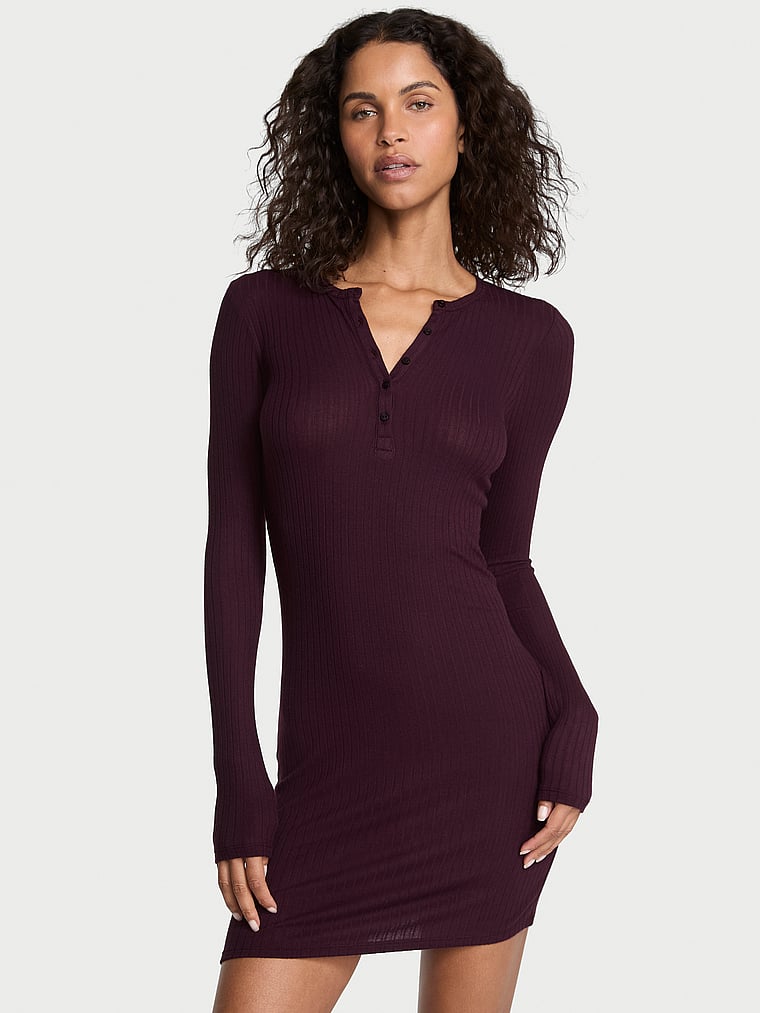 Buy SoSoft™ Modal Wide-Rib Long-Sleeve Henley Dress, Winter Wine ...