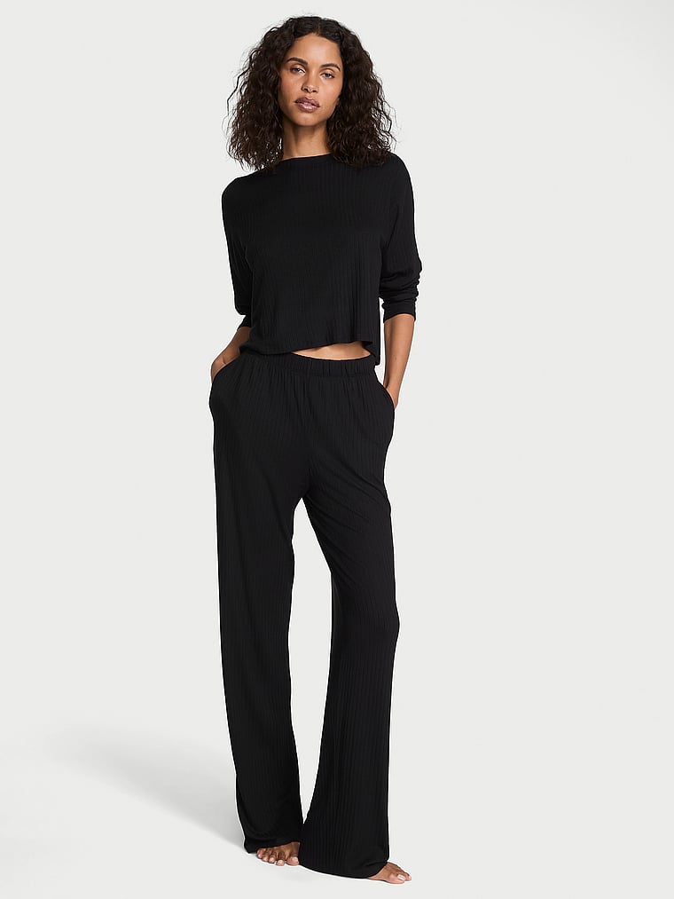 Buy SoSoft™ Modal Wide-Rib Long Lounge Set, Black - Order Pajamas Sets ...