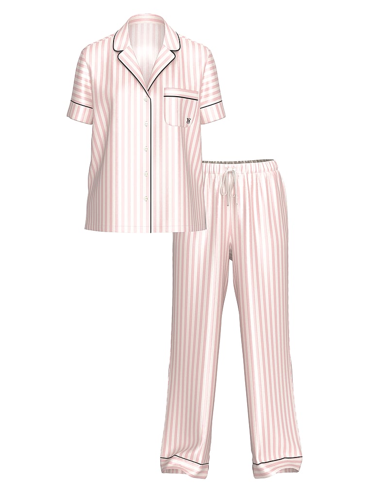 Buy Glazed Satin Short-Sleeve Long Pajama Set, Pink Iconic Stripe ...