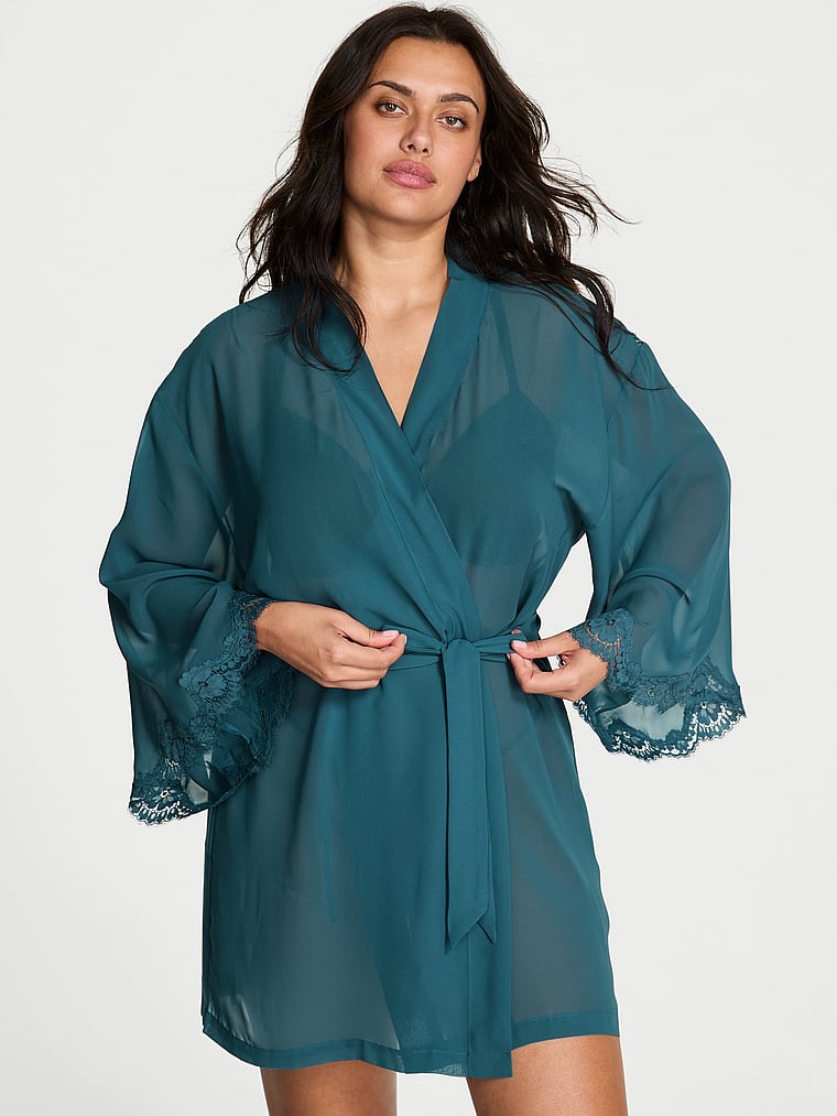 Buy Chiffon & Lace Short Robe, Teal Haze - Order Robes online ...