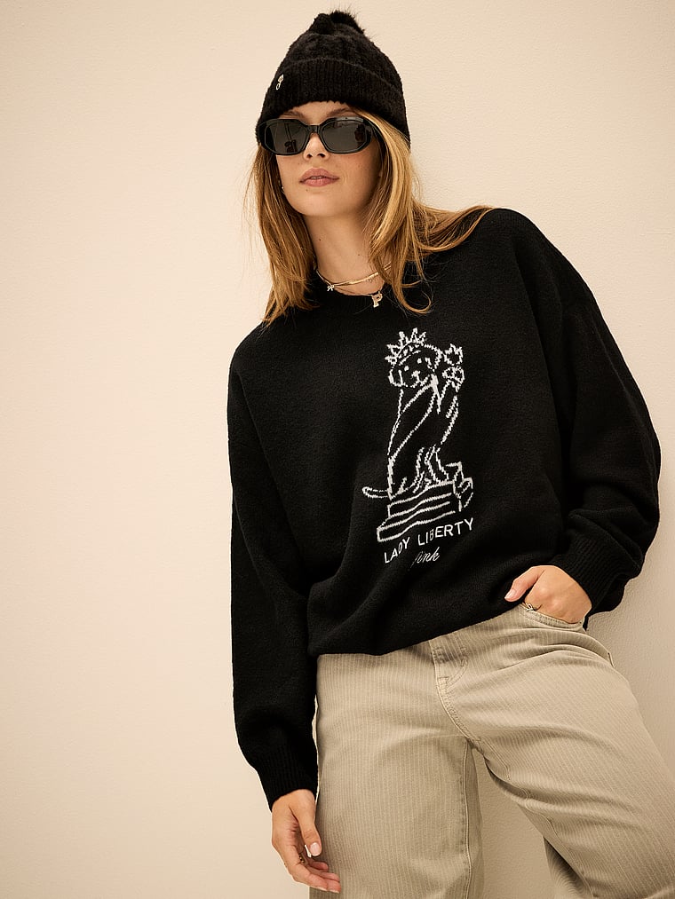 Buy Collegiate Knit Crewneck Sweater, Pure Black Lady Liberty - Order ...