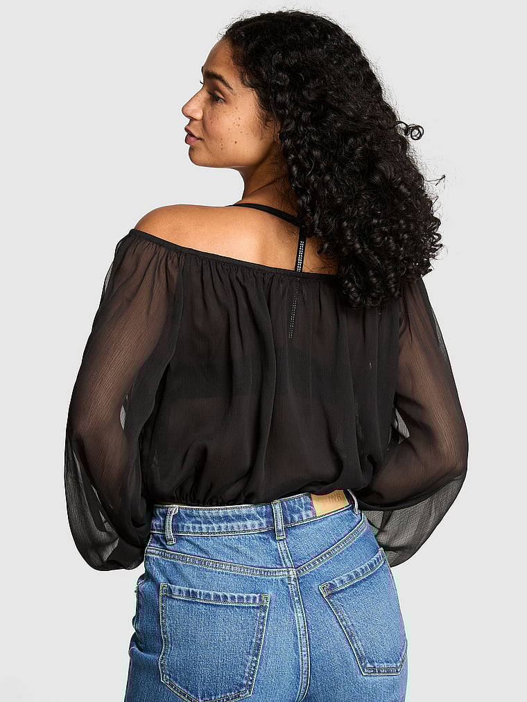 Buy Chiﬀon Long-Sleeve Oﬀ-The-Shoulder Top, Pure Black - Order Tops ...