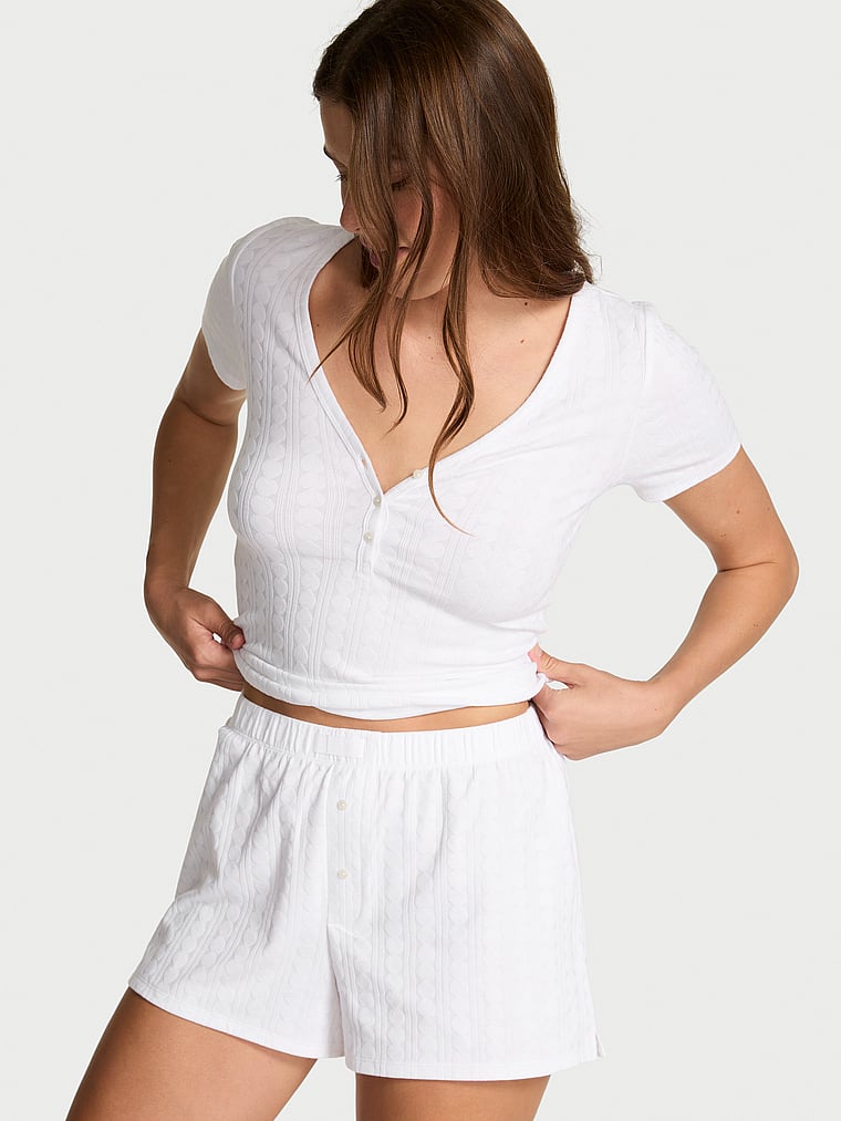 Buy Heart Pointelle Short-Sleeve Henley & Shorts Set, Vs White - Order ...