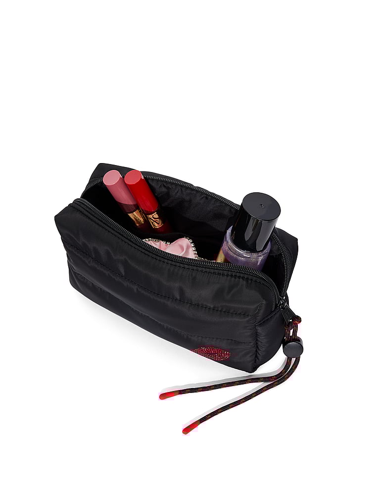 Buy Quilted Puﬀer Makeup Bag, Pure Black Diamante Lips - Order Cosmetic ...
