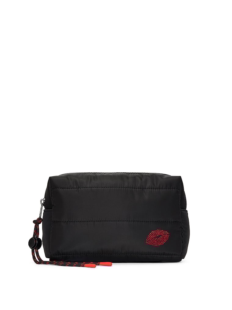 Buy Quilted Puﬀer Makeup Bag, Pure Black Diamante Lips - Order Cosmetic ...