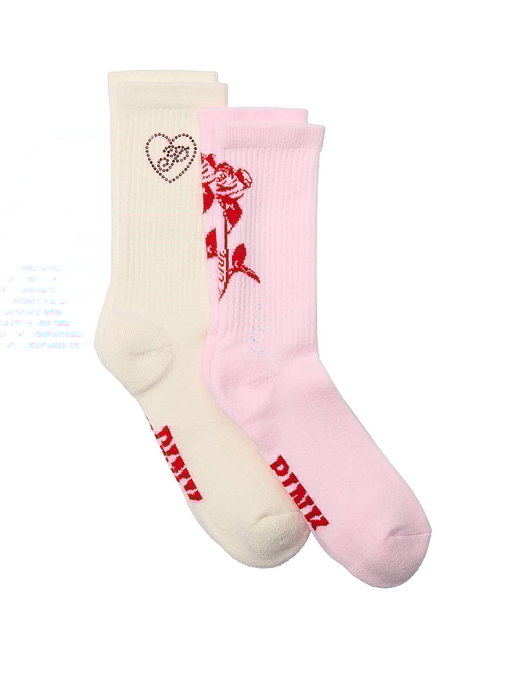 Buy 2-Pack Crew Socks, Winter White Heart Script P / Pink Tulip Rose ...