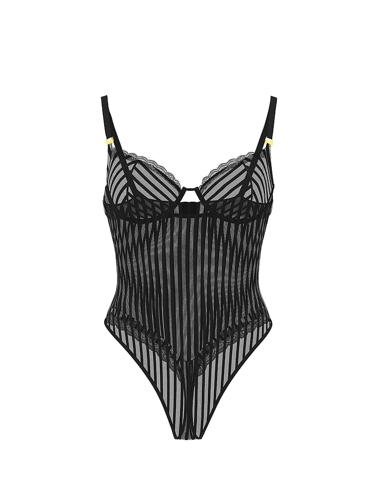 Buy Tease Sheer Stripe Lace-Trim Cupped Bodysuit, Black - Order ...