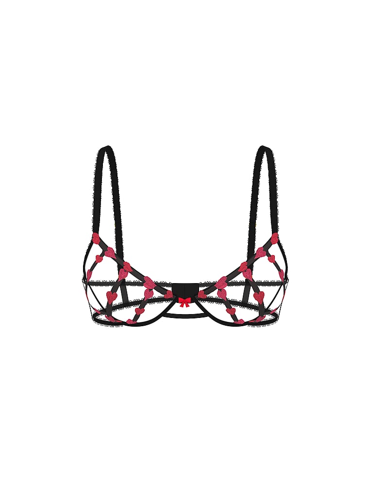 Buy Heart Embroidery Strappy Open-Cup Demi Bra, Black - Order Bras ...
